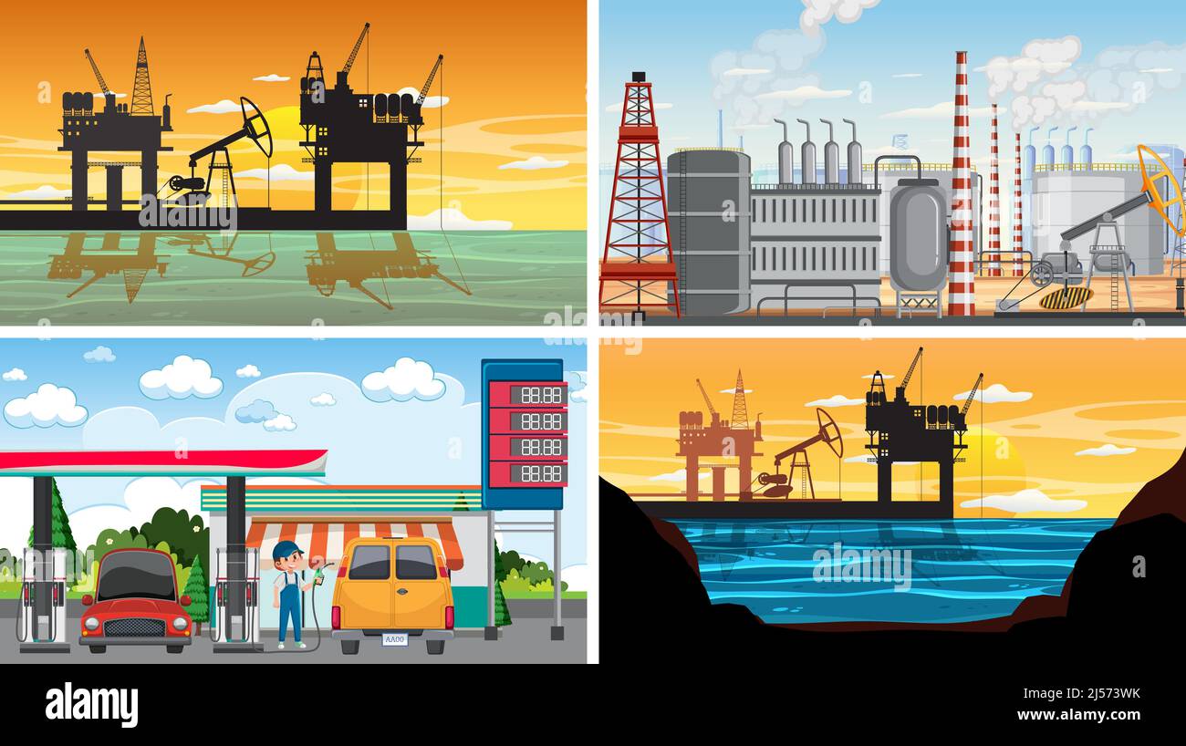 Set of oil petrol and gas relevant scene illustration Stock Vector ...