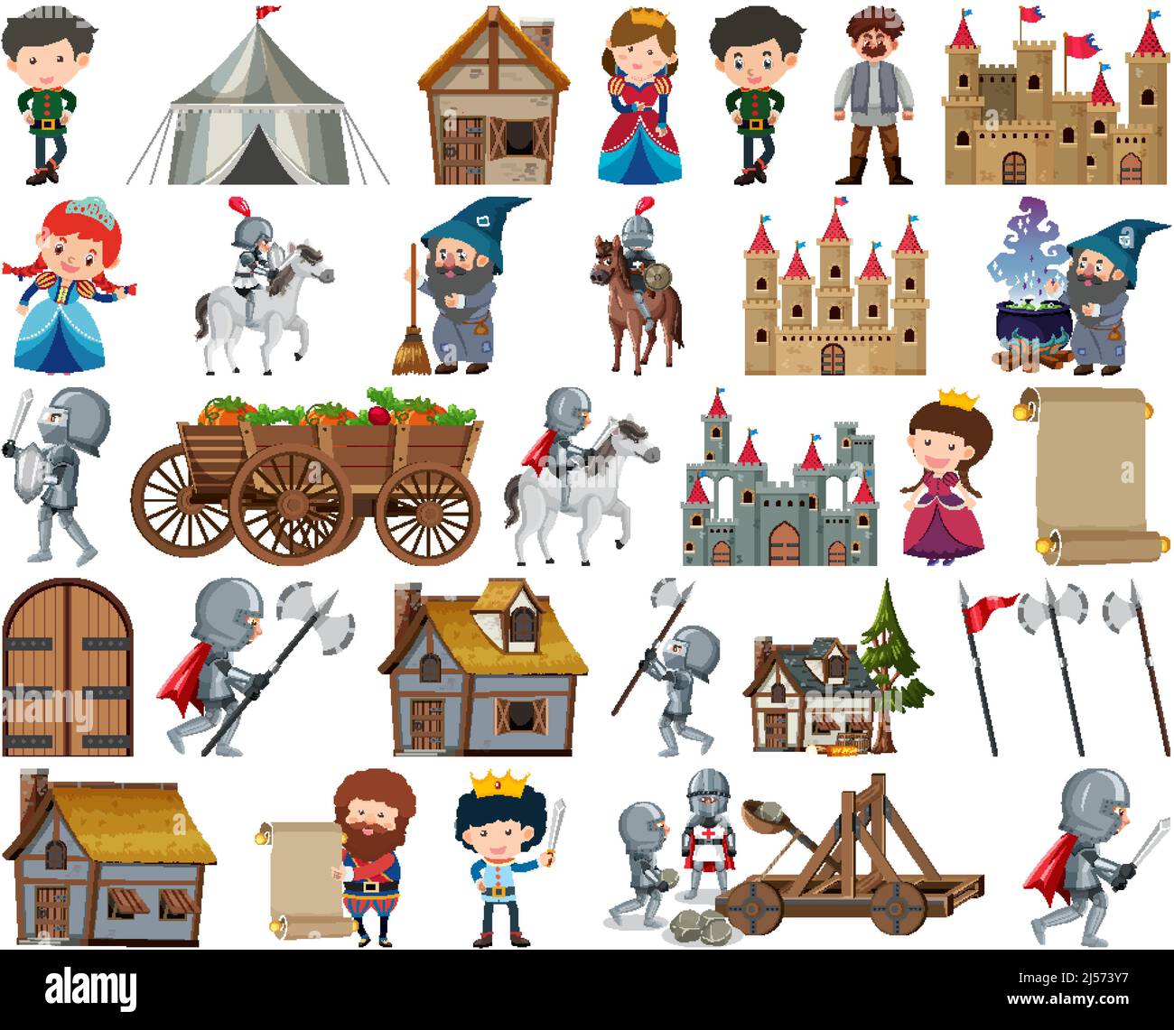 Medieval characters buildings set illustration Stock Vector Image & Art ...