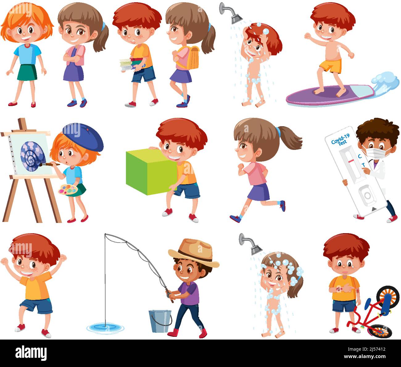 Set of children doing different activities on white background ...
