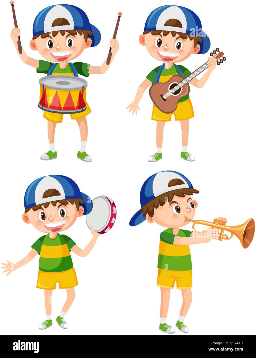 Set of boy wearing cap playing music instrument illustration Stock ...