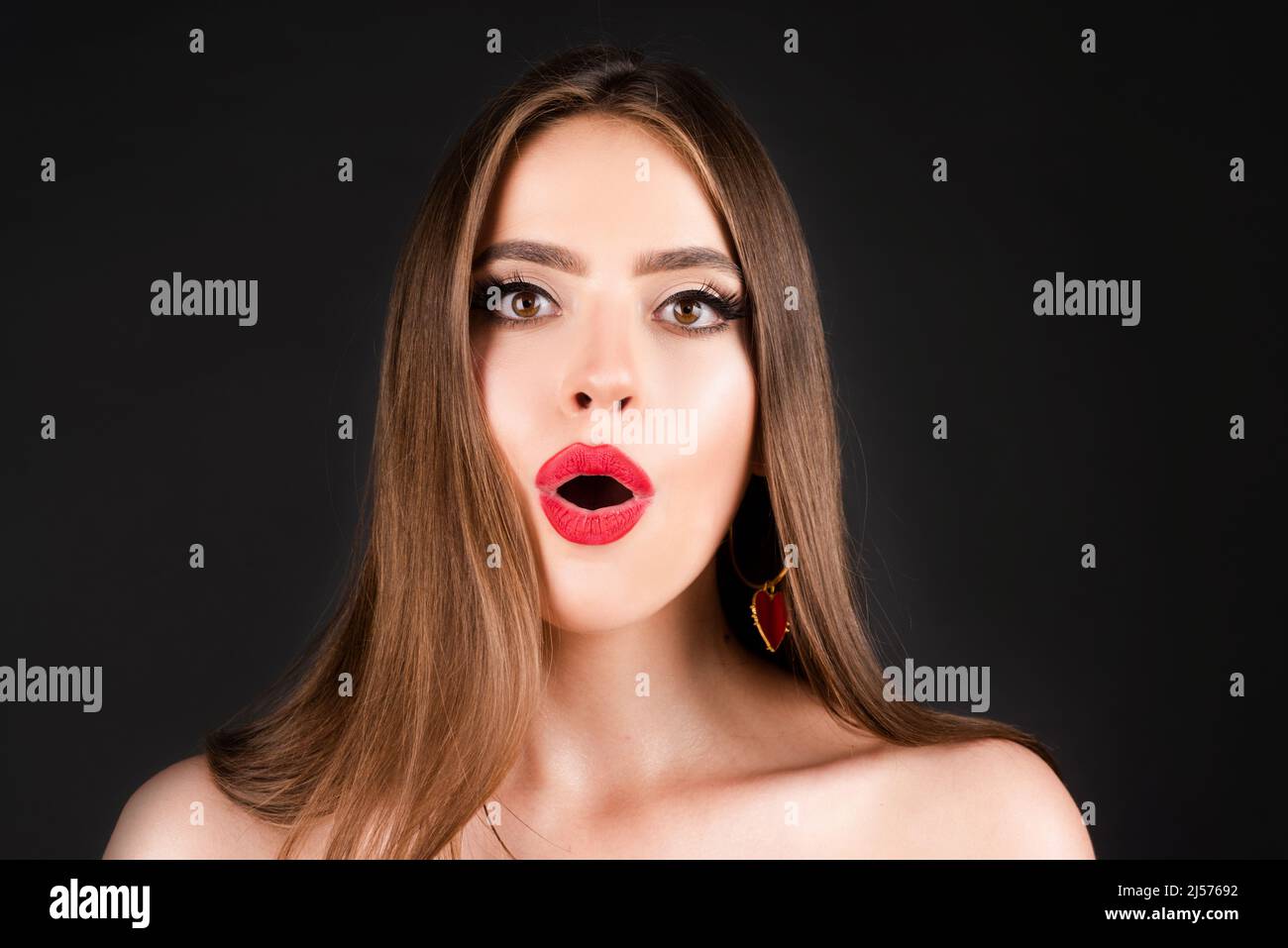 Shocked face of surprised young woman. Funny female shocked face ...