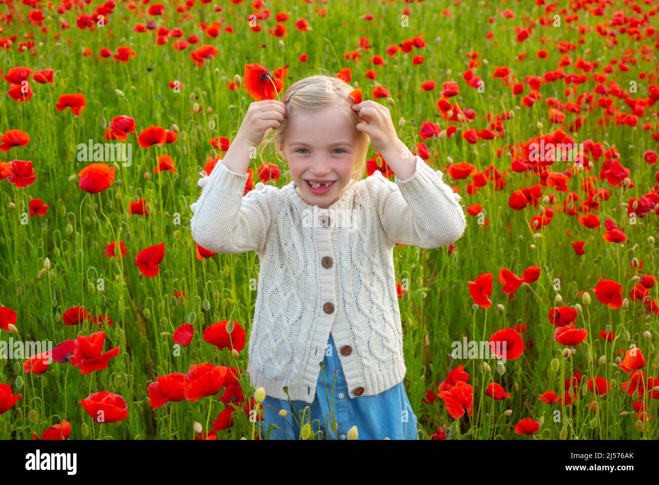 Pretty little girl on a poppy field, outdoor. Child girl in a field of ...