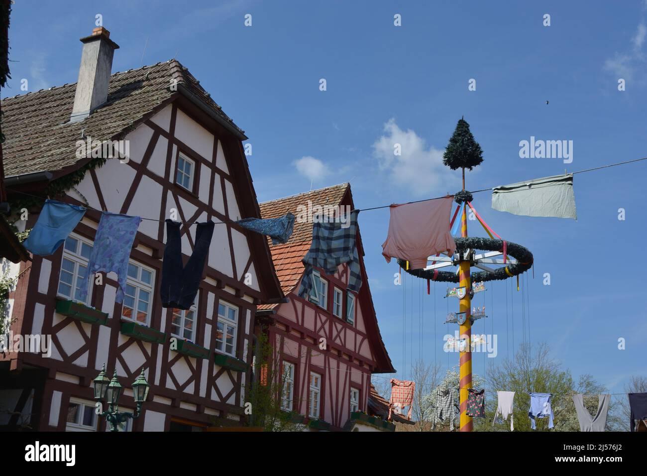Entry of Tripsdrill in southern Germany with halftimbered facades and a ...