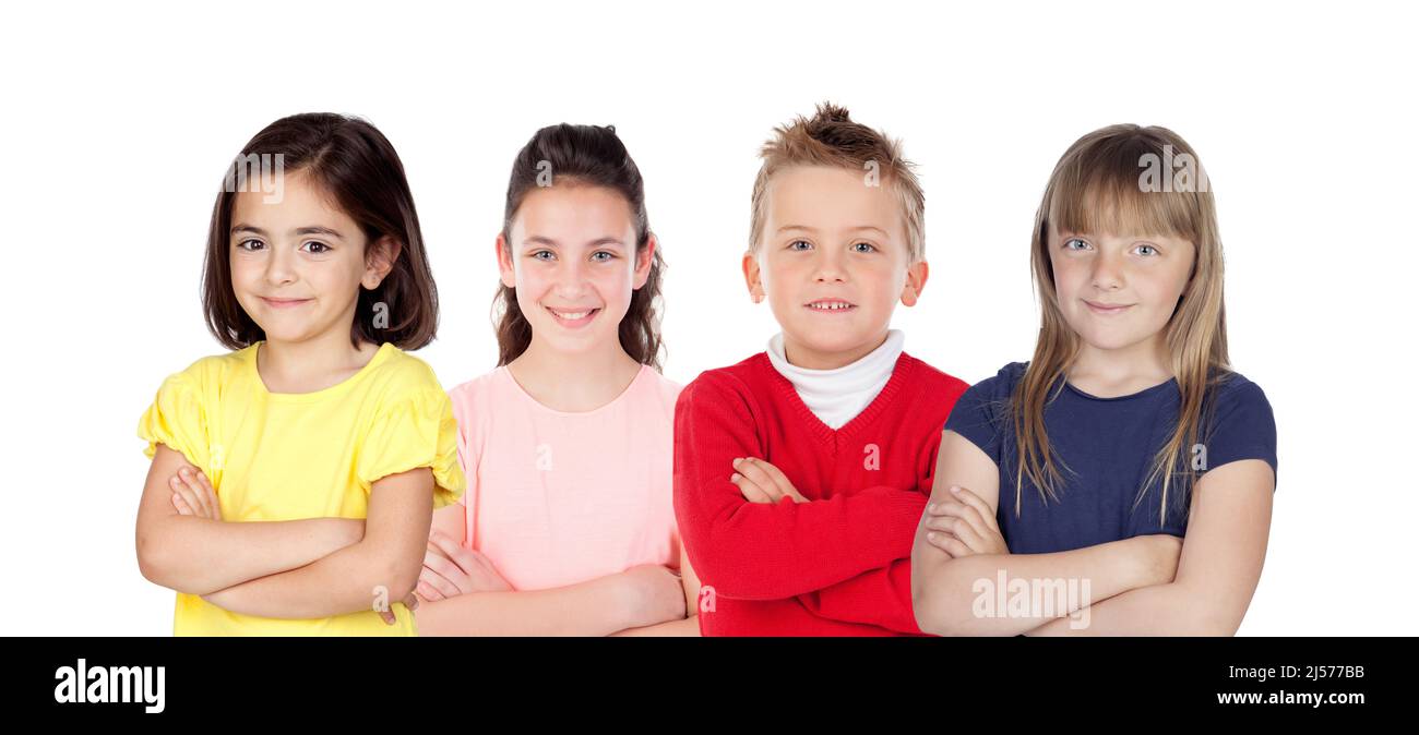 Classmate team with four children isolated on a white background Stock ...