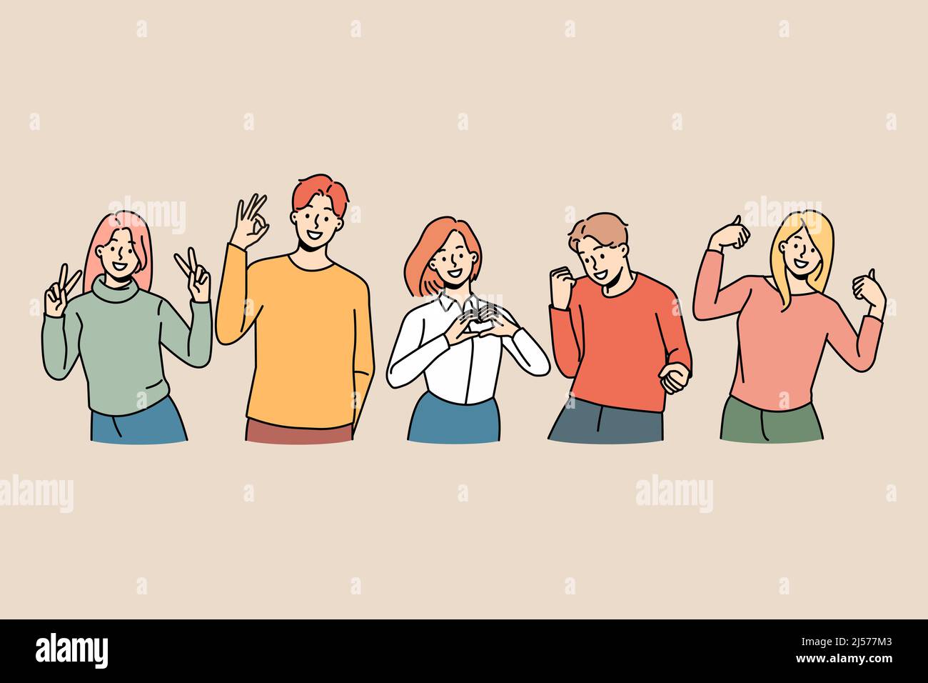 Smiling diverse young people showing hand gestures expressing different ...