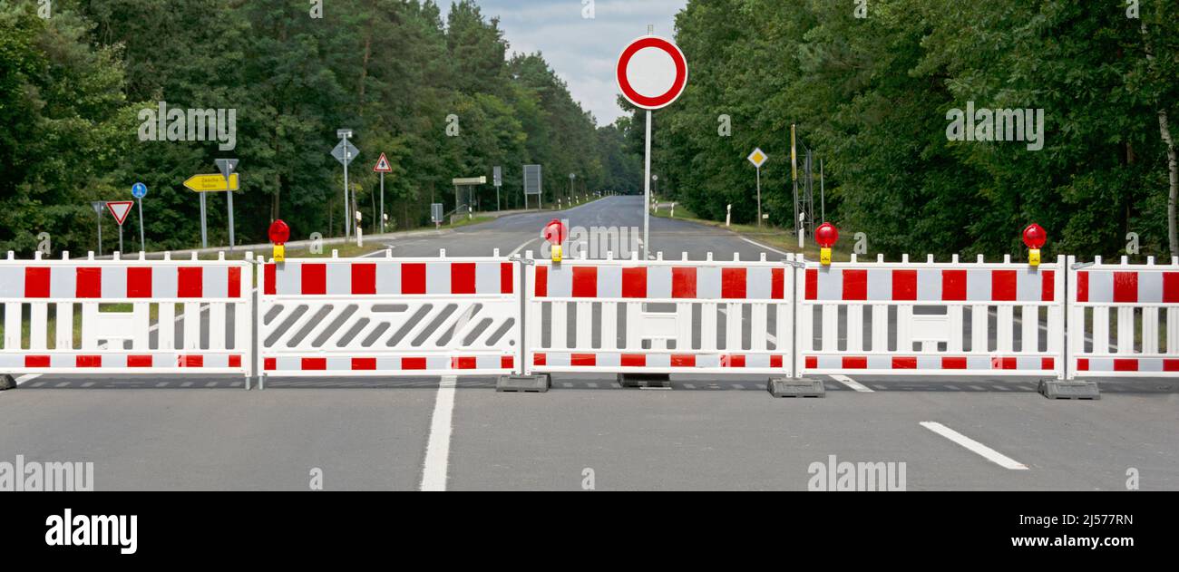 Full closure with signs due to construction work in panorama format ...