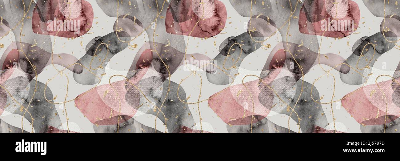 Seamless watercolor abstract organic blob shape overlay with gold lines ...