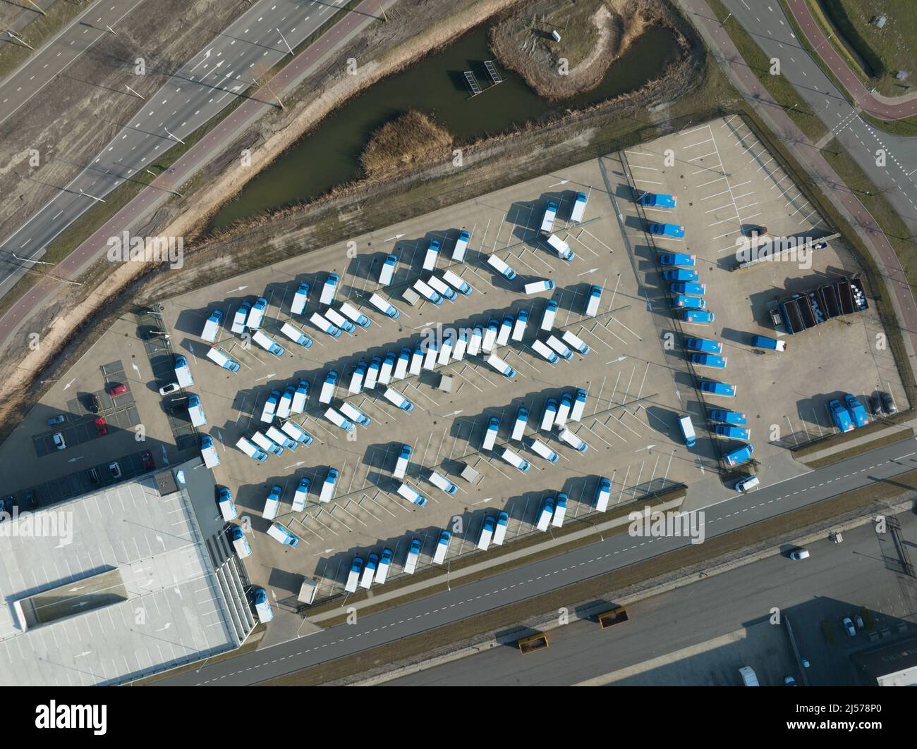 Top down supply chain distribution logistics depot. Aerial drone view ...