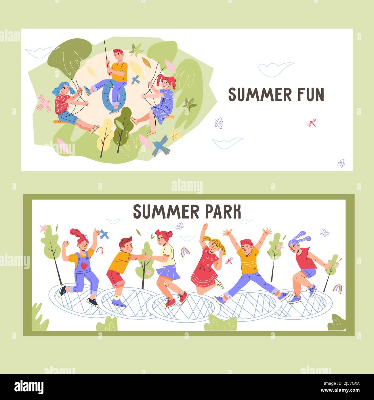 Summer park and kids camp activity advertising banners or flyers set ...