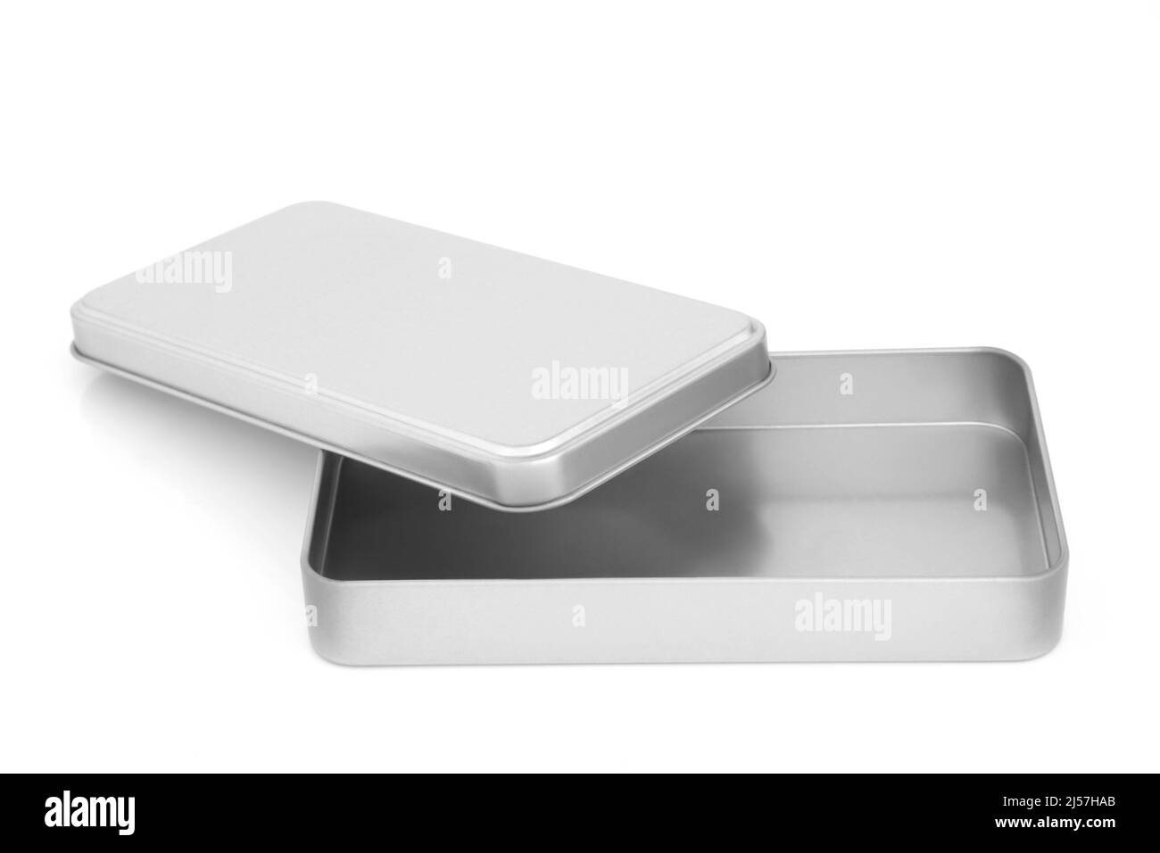 Brushed metal silver grey box with open lid on white background. Design ...