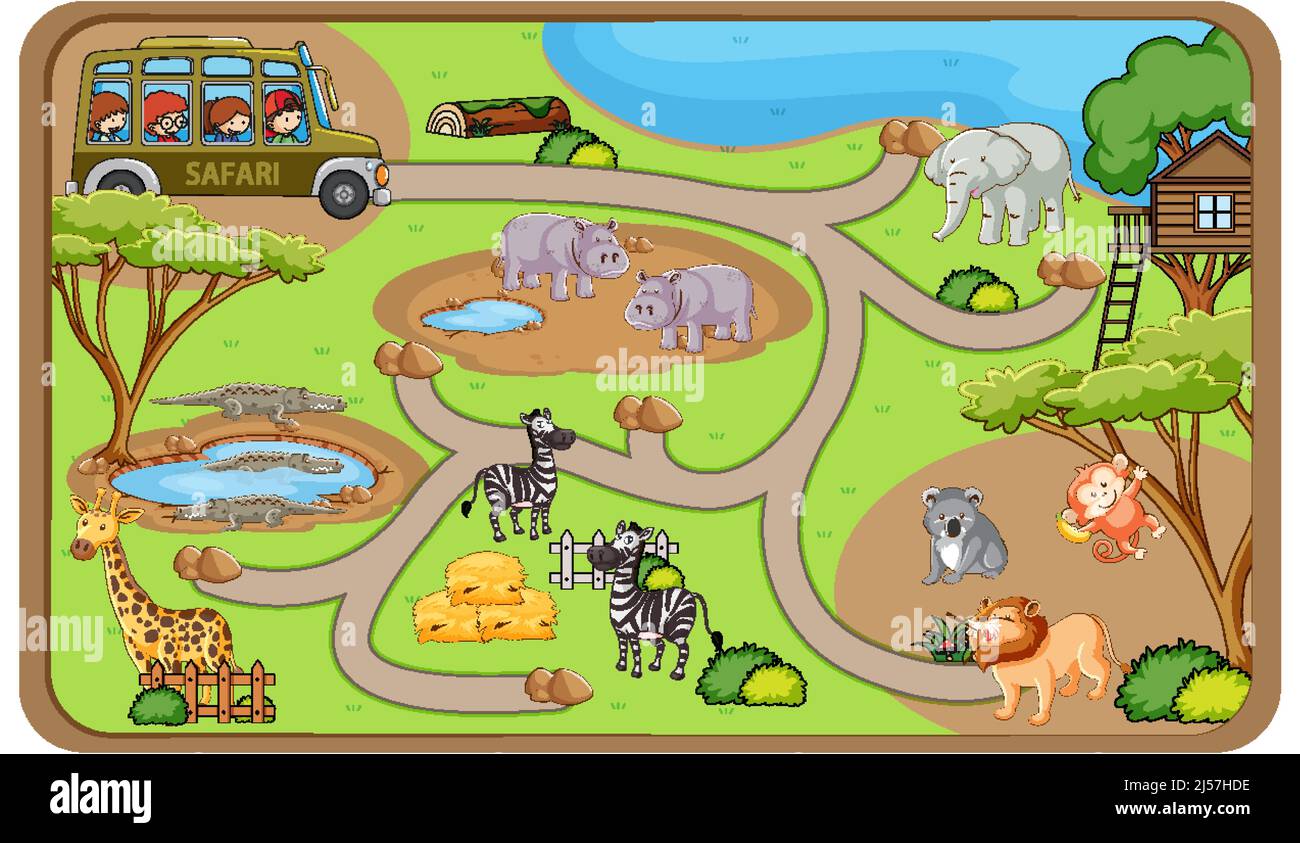 Game template with many animals in the zoo illustration Stock Vector ...