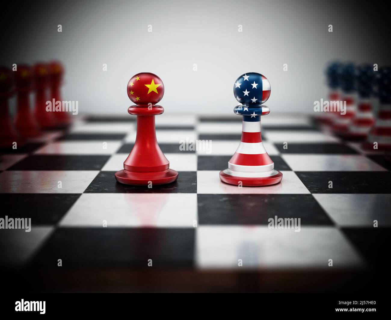 Chinese and American flag textured pawns on chessboard. 3D illustration ...