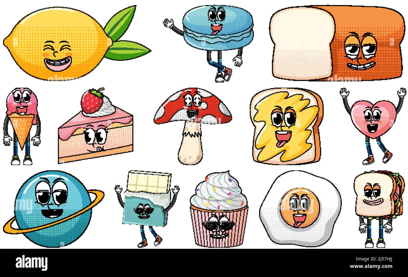 Set of facial expression with vintage style food cartoon on white ...