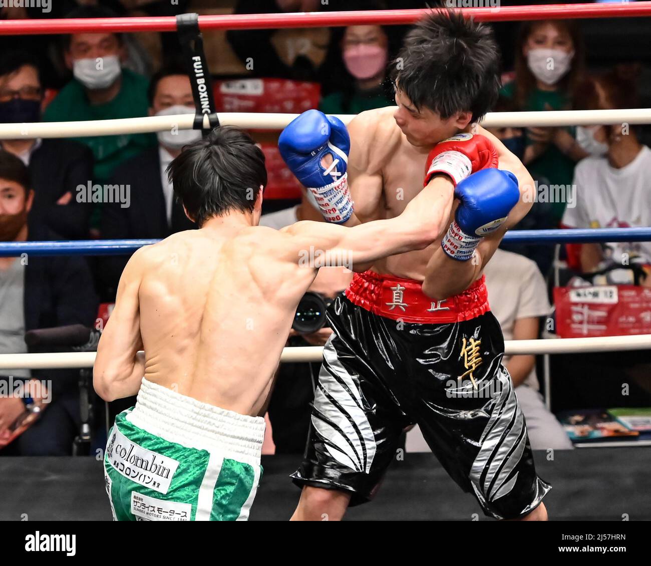 Tokyo, Japan. 12th Apr, 2022. Ryo Sagawa (red gloves) and Shun Kubo (blue gloves) compete during ...