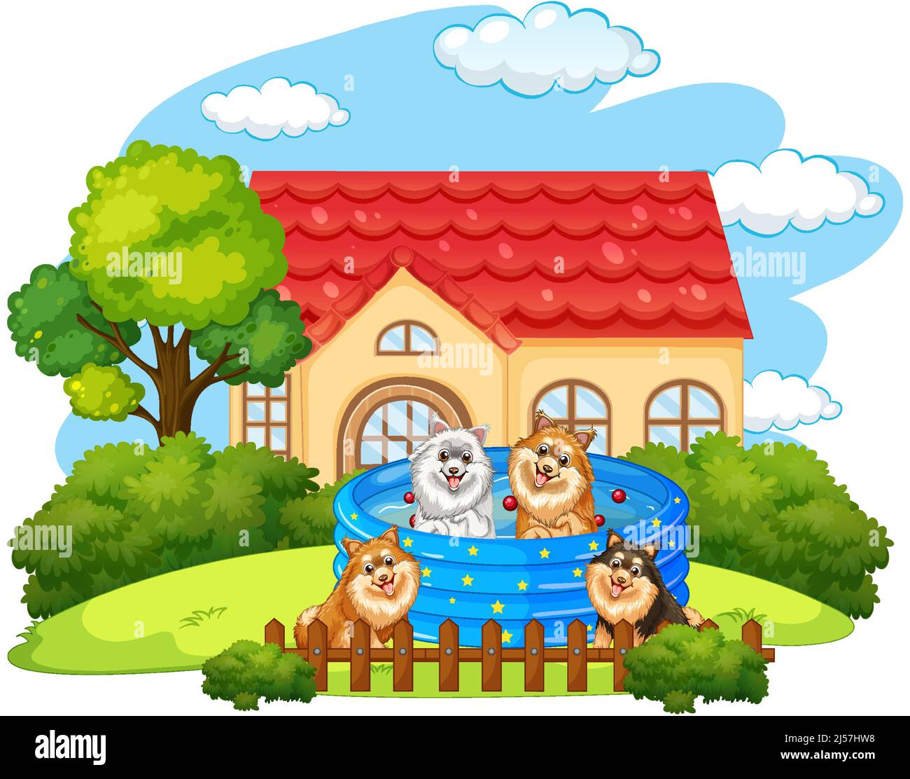 Many dogs playing outside the doghouse illustration Stock Vector Image ...