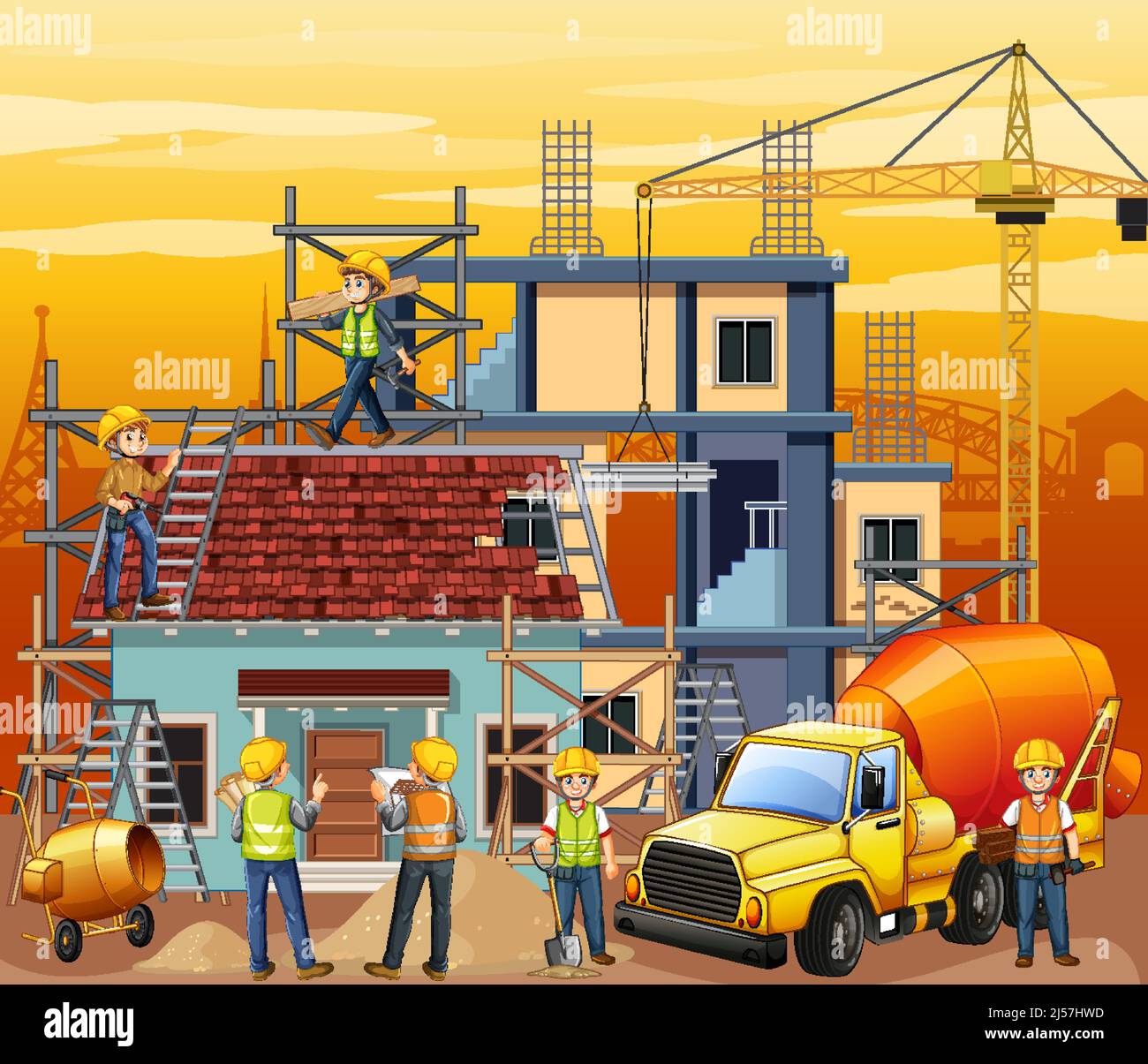 Construction site with workers illustration Stock Vector Image & Art ...
