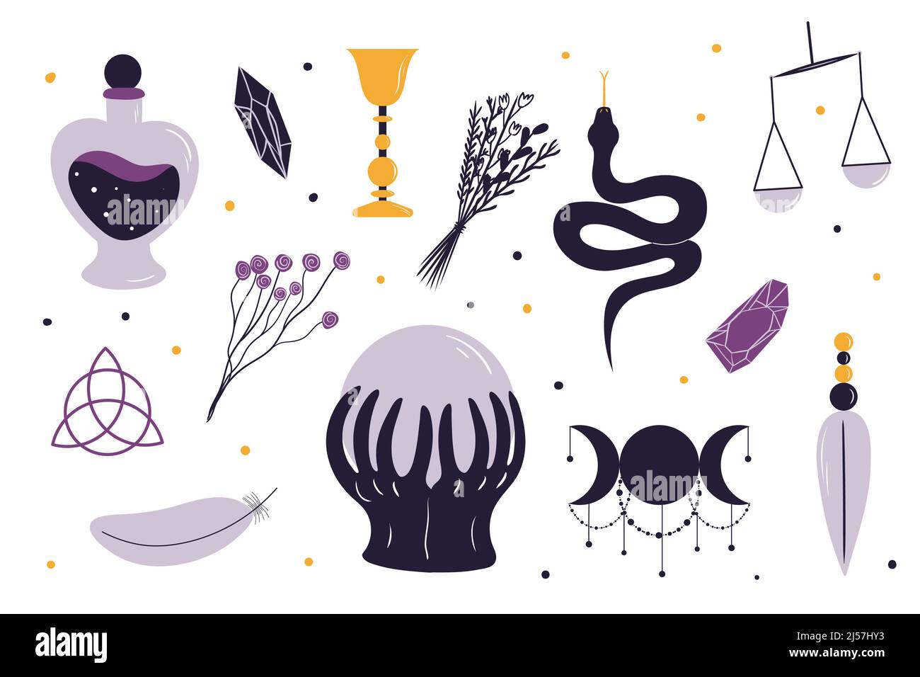 Set of witchcraft elements. Hand drawn collection in clean modern style. Wiccan themed ...