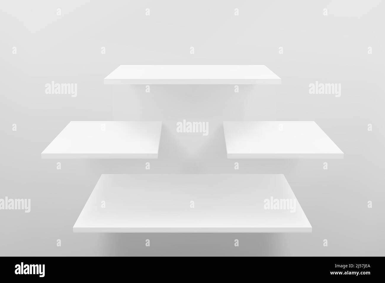 Four white empty book shelves on the wall. Bookshelves on light ...