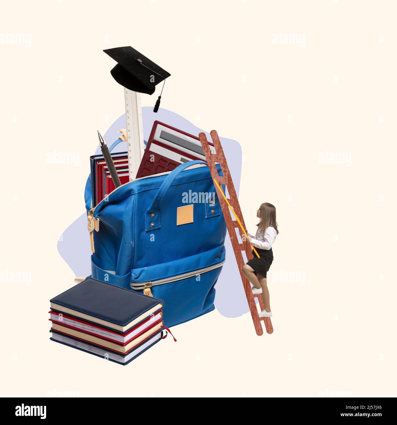 Contemporary art collage. Teen girl, pupil climbing up the ladder ...