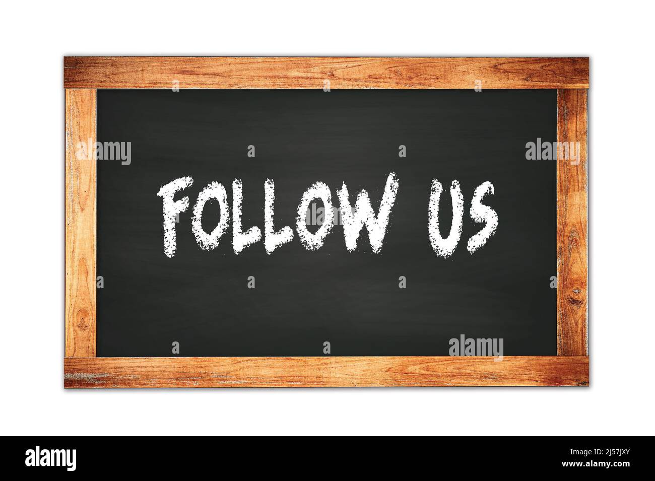FOLLOW US text written on black wooden frame school blackboard Stock ...