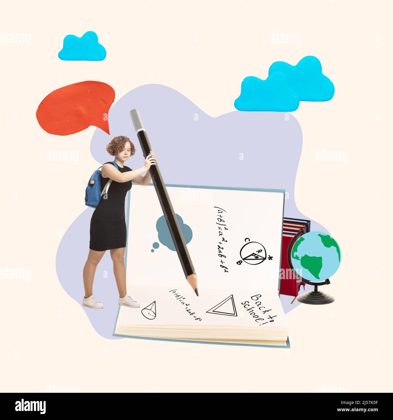 Contemporary art collage. School girl sailing into open notebook ...