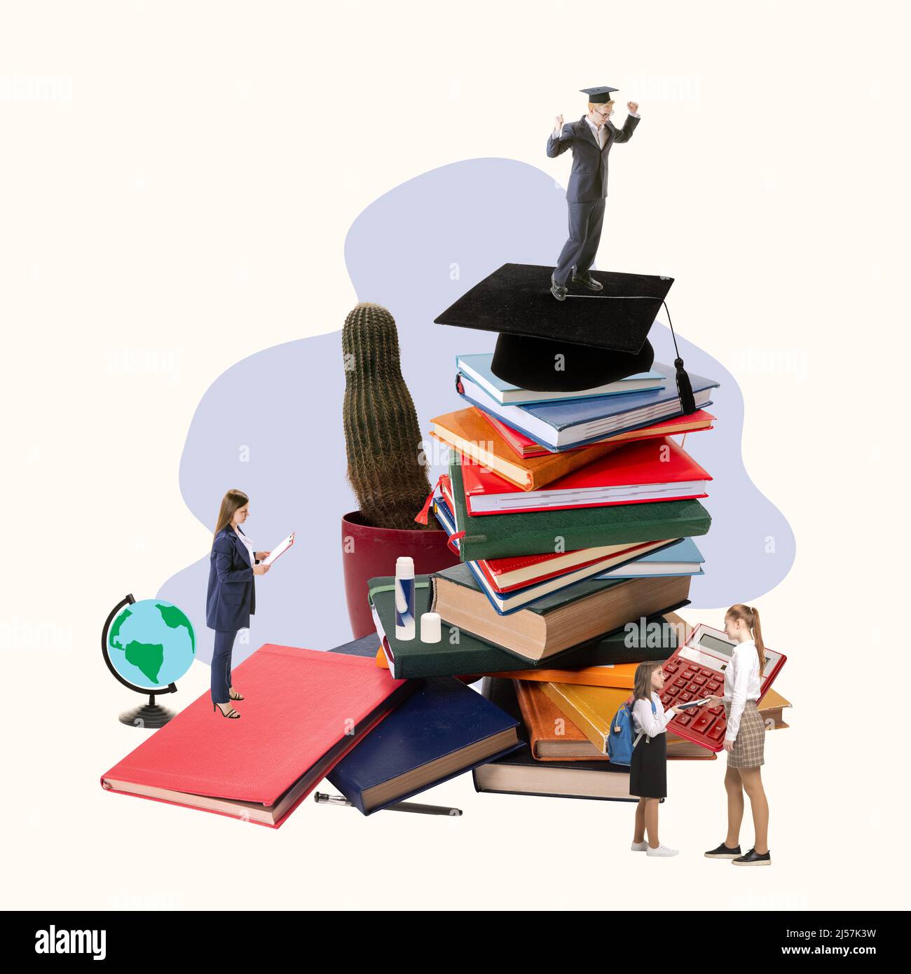 Contemporary art collage. Students and school girls surrounded by many ...