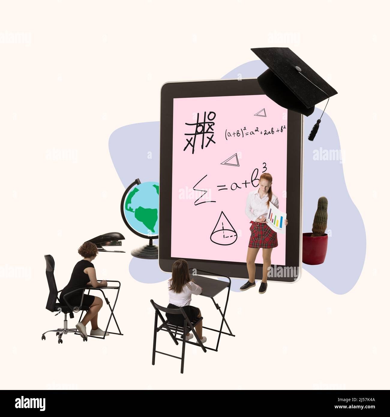 Contemporary art collage. Teen girl sittingin classroom, studying maths ...