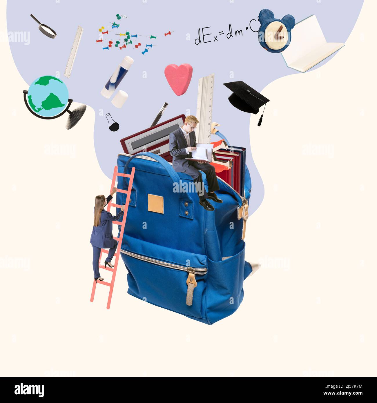Contemporary art collage. Young people, students climbing up the ladder ...