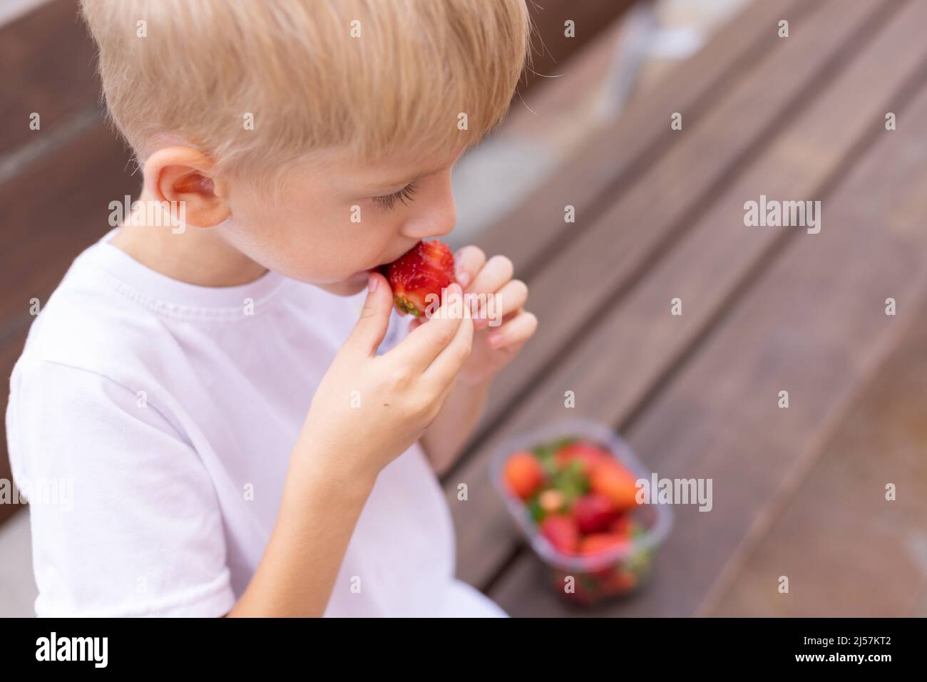 Little blonde boy eating strawberries on a bench Stock Photo - Alamy