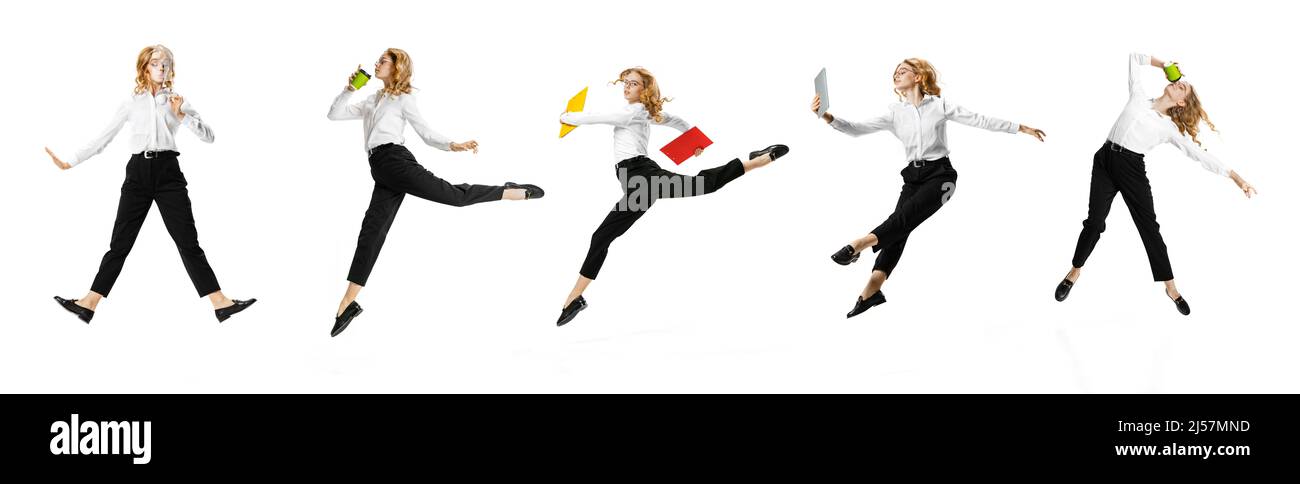 Development of movements. Set of excited, cheerful girl, office worker ...
