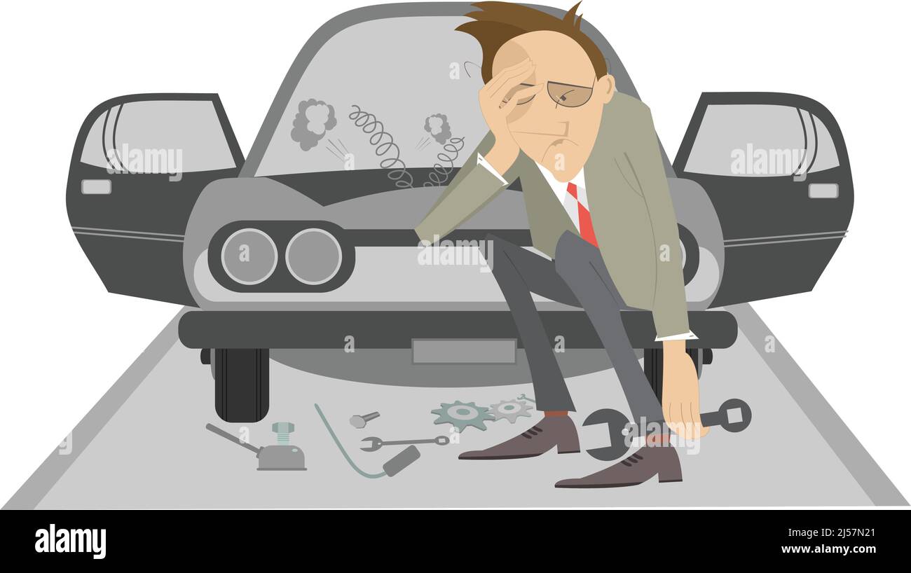 Sad man. Upset man with wrench seats on bumper of the broken the car ...