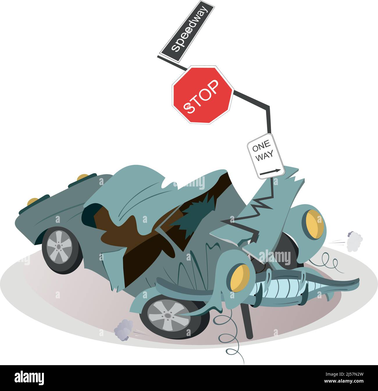 Car crash and road signs illustration. Car crashed into a road signs ...
