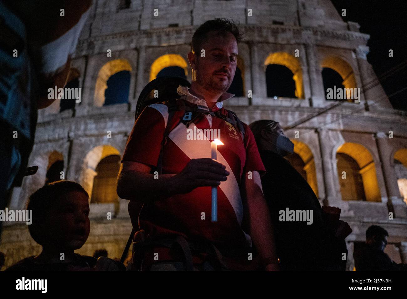 Italy, Rome on 2022-04-15. Easter ceremony and torchlight procession at ...