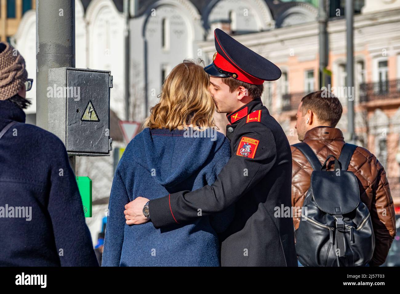 14.04.2022 Russia, Moscow. People on city streets. Cadet with the girl ...