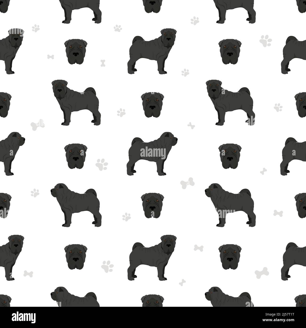 Shar Pei (modern) meat mouth seamless pattern. Different poses, coat ...