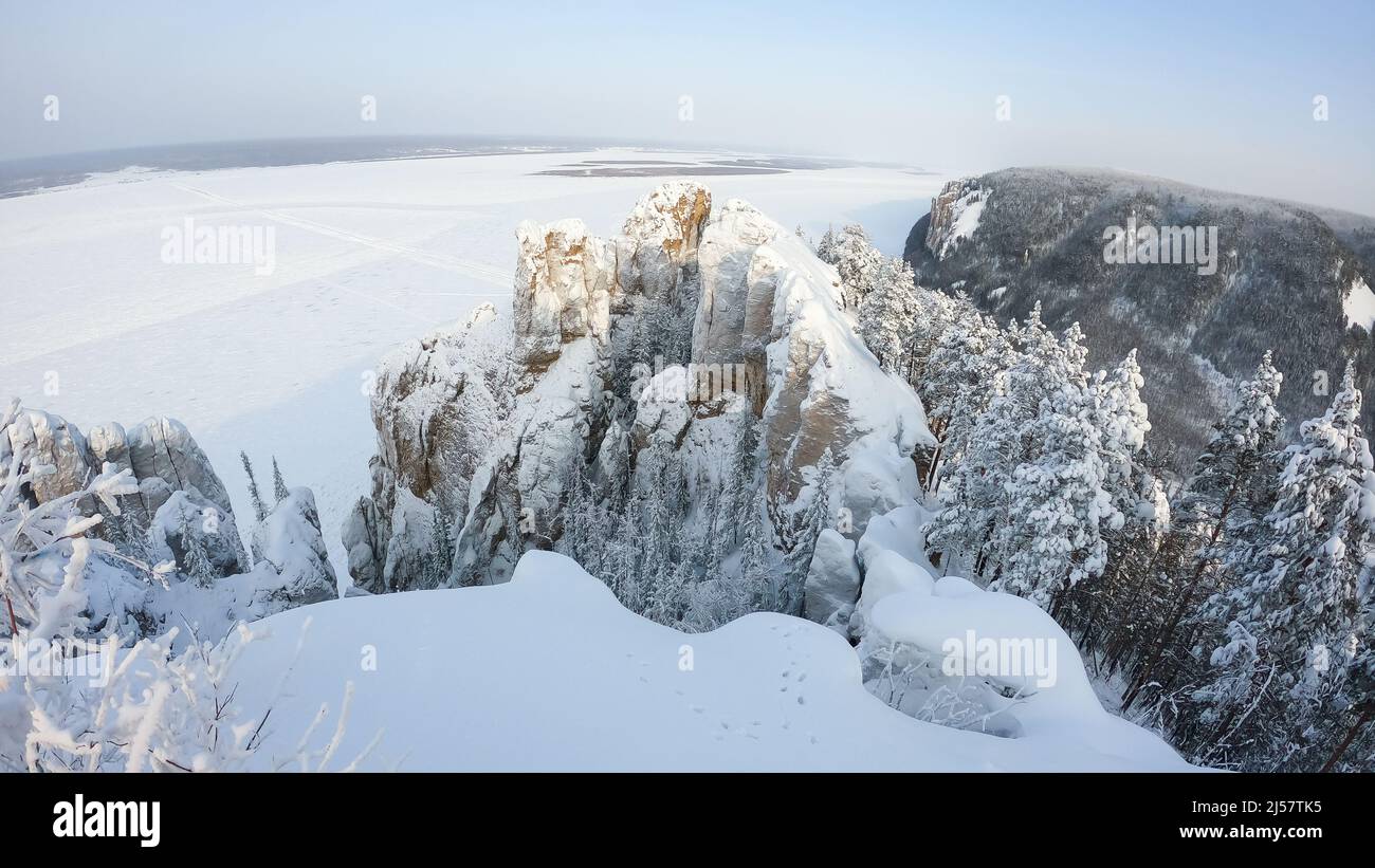Lena Pillars in winter on the bank of the Lena River Yakutia Stock ...