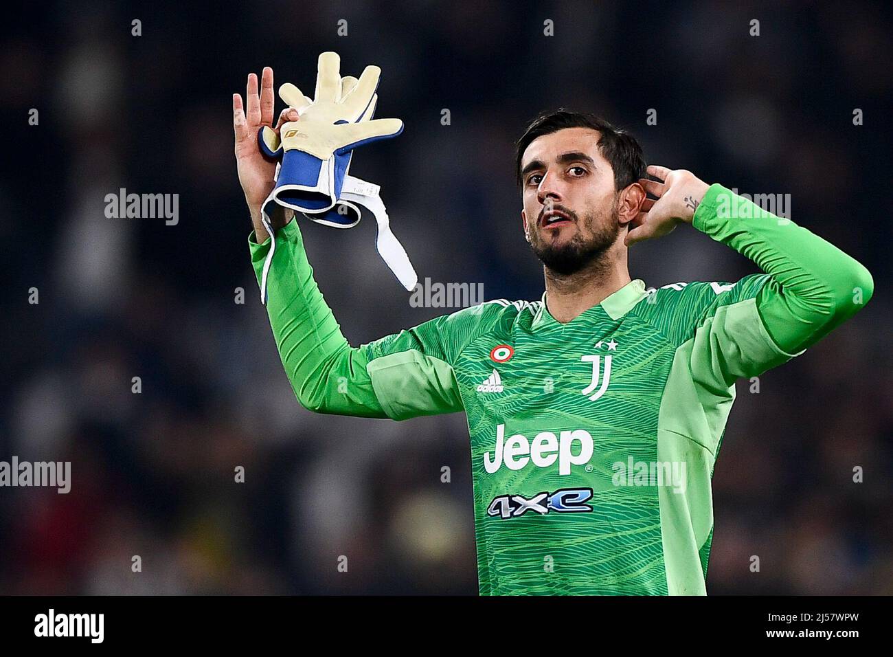 Turin, Italy. 20 April 2022. Mattia Perin of Juventus FC celebrates the ...