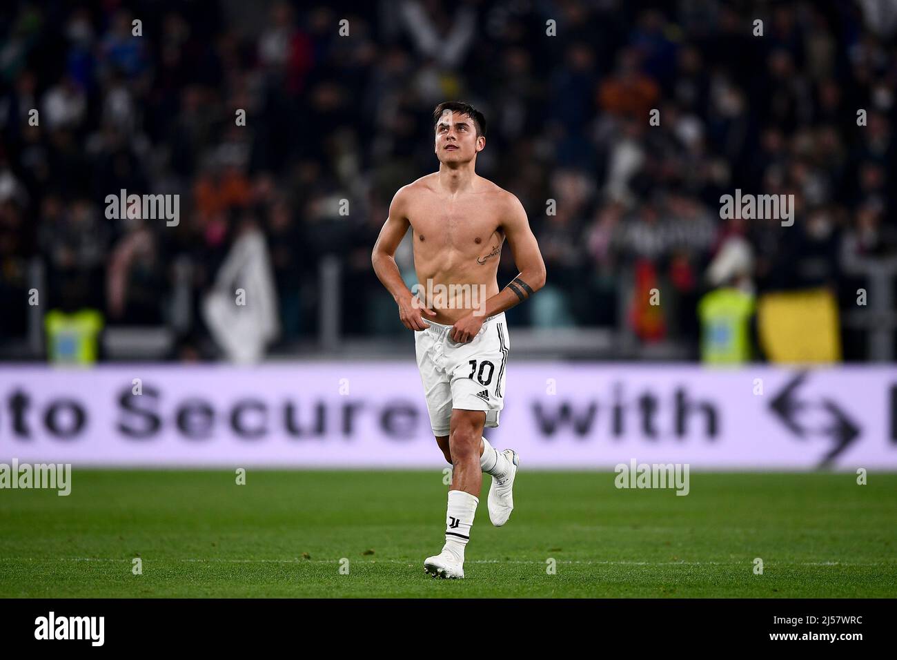 Turin, Italy. 20 April 2022. Paulo Dybala of Juventus FC celebrates the ...
