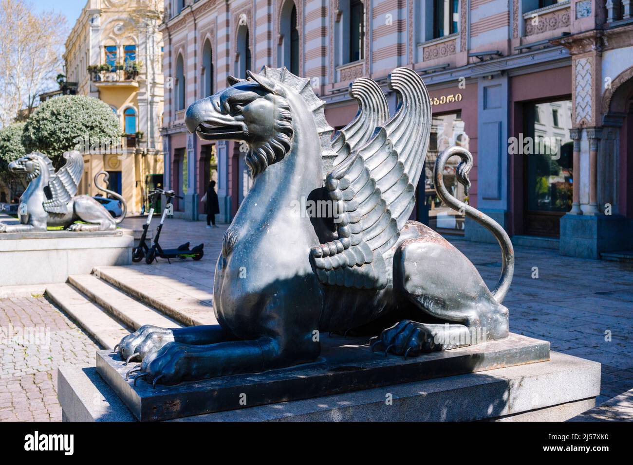 Georgia/Tbilisi: Statues in front of City Council at Freedom Square ...