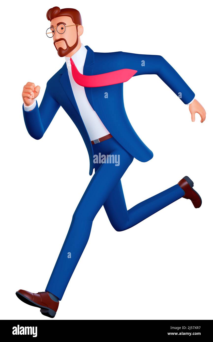 Businessman running fast with a waving necktie. Late business person ...