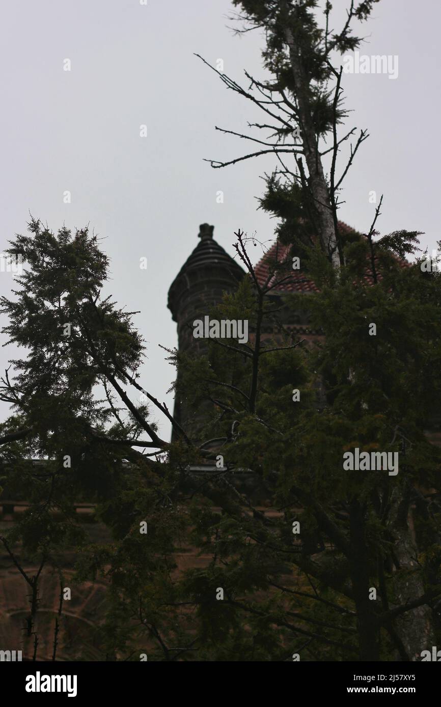Vintage stone tower in the medieval Gothic style Stock Photo - Alamy