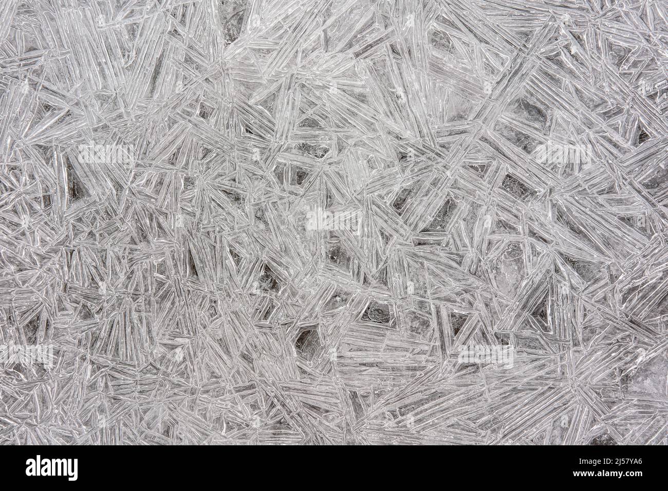 Ice on frozen river forming crystal like structures, closeup macro ...