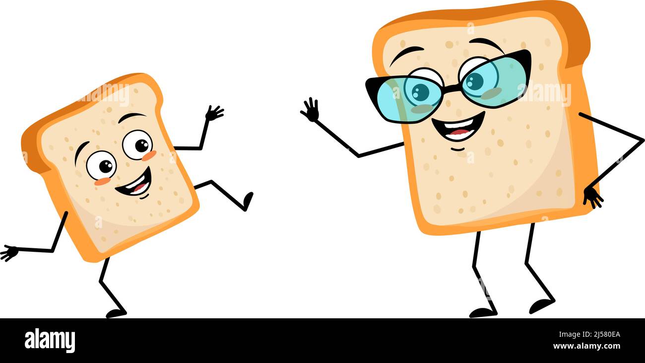 Cute Bread Character With Glasses And Grandson Dancing Character With