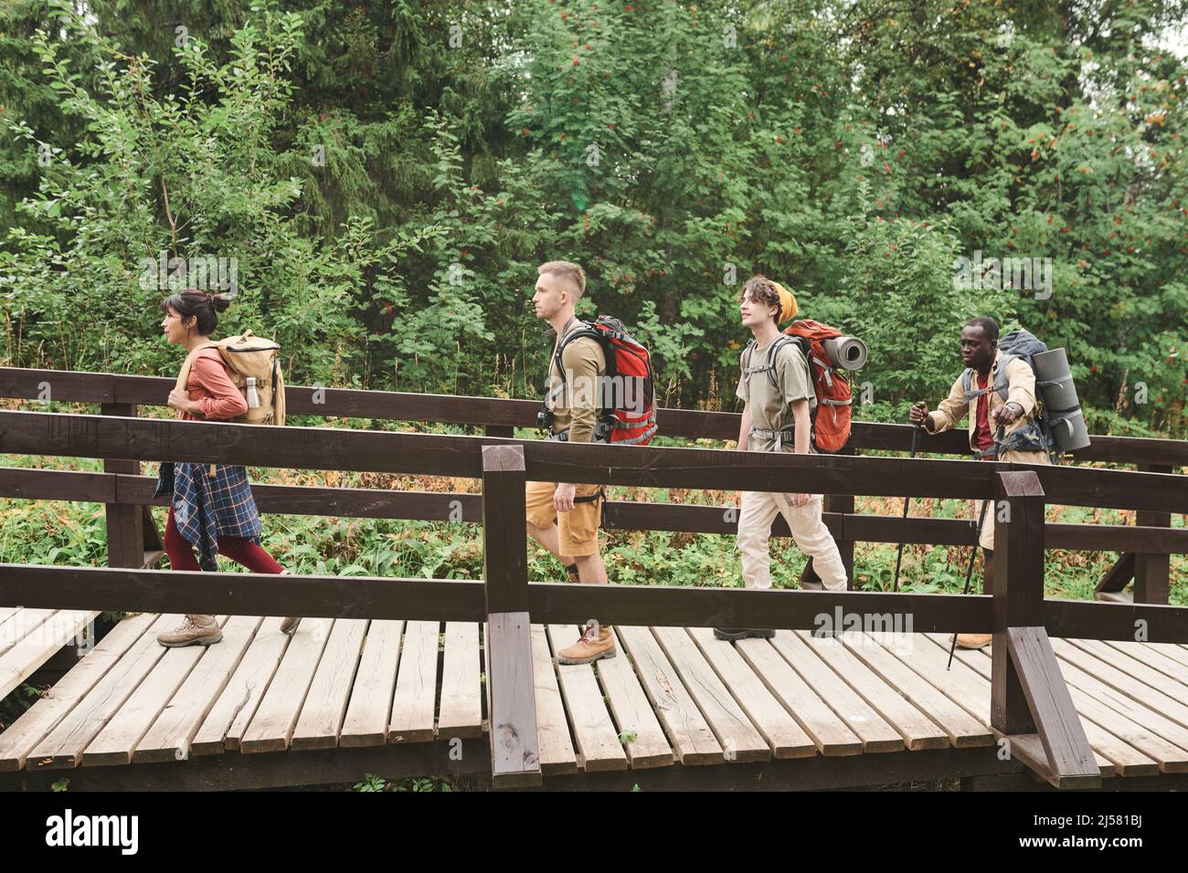 Group of young multi-ethnic hikers with backpacks walking in line on ...