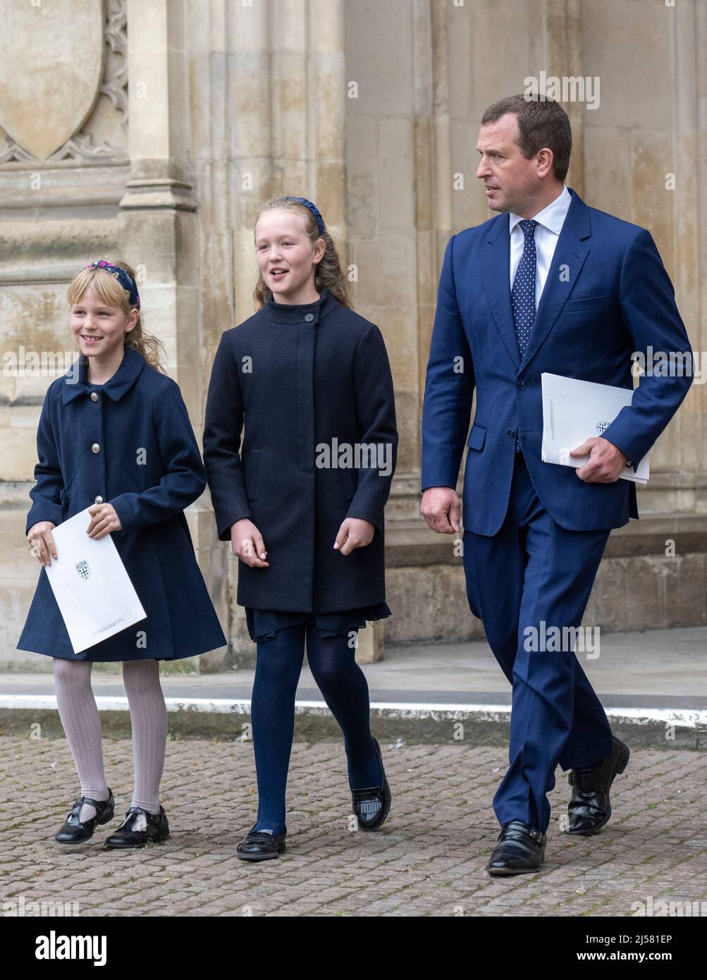 London, UK. 29 March, 2022. Peter Phillips with daughters Savannah ...