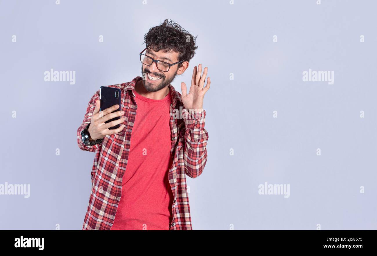 Man making video call, positive guy making video call, video call ...