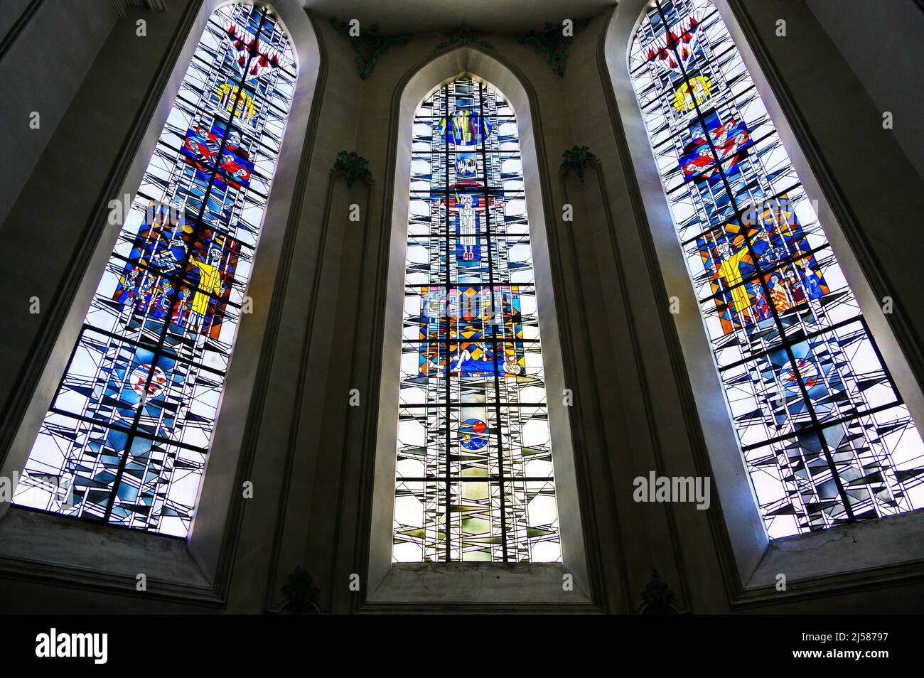 Modern coloured windows, Protestant town parish church St. Stephan ...