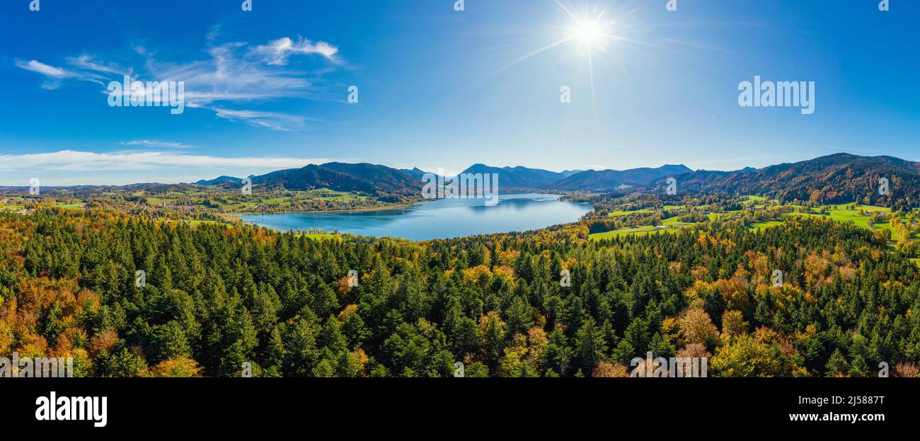 Autumn at the Tegernsee, panorama with view over autumn coloured trees ...
