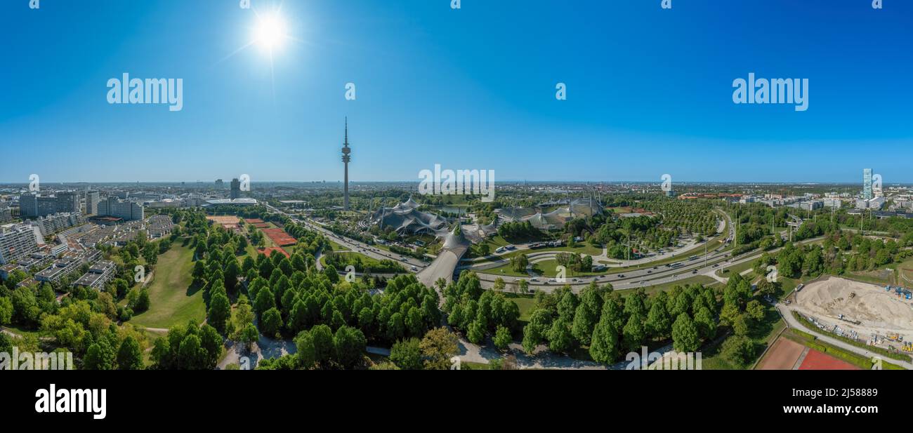Panoramic view over Munich with the Olympic Tower in the Olympic Park ...