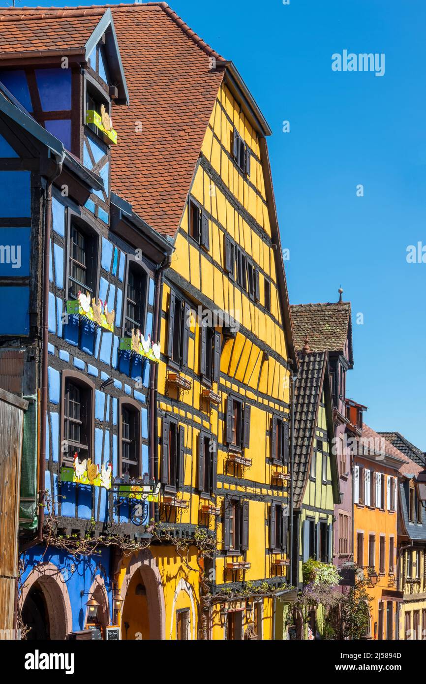 Colorful alsatian houses in the touristic village of Riquewihr in ...